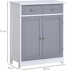 Kleankin Úložný Kabinet, Koupelnový Kabinet, Skříň s 2 Dveřmi a 2 Zásuvkami - 60 x 30 x 75 cm - Šedá a Bílá