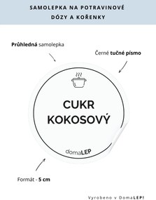 Samolepka na dózu CUKR KOKOSOVÝ – průhledná, 5 cm, tučné písmo