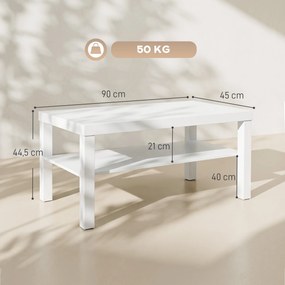 HOMCOM konferenční stolek do obývacího pokoje, obdélníkový odkládací stolek se 2 úrovněmi a odkládací přihrádkou, 90x45x44,5 cm, bílá