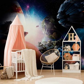 Fototapeta Krajina pro děti - vesmírný motiv s planetami a vesmírnými loděmi