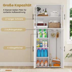 Costway Skříň na smeták s 2 háky a skleněnými dveřmi, dřevěná vysoká víceúčelová