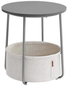 Kulatý příruční stolek s látkovým košem, šedá a bílá barva