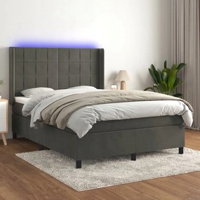 Box Spring Postel S Matrací A Led Samet Tmavě Šedá Blok se čtverci 140 x