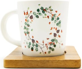 Porcelánový hrnek Nordic Moods s akáciovým podšálkem, bílý, 350 ml – severský design, motiv větviček a šípků