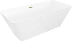 Mexen Velo Slim, volně stojící vana 170 × 75 cm, bílá lesklá, zlatý lesklý přepad, 52811707500-50