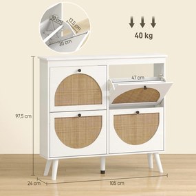 HOMCOM Skříň na boty s 4 skládacími dveřmi, 20 párů, s nastavitelnou policí, bohémský styl, solidní dřevěné nohy 105 x 24 x 97,5 cm Bílá