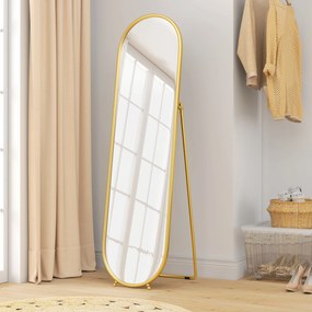 HOMCOM oválné celoformátové volně stojící zrcadlo, 50 × 180 cm — nerozbitné sklo, kovový rám a stojan, zlaté — do ložnice, obýváku, předsíně