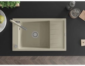 Mexen Elias, 1-komorový granitový dřez 795x480x200 mm a dřezová baterie Flora, béžová, 6511-69-670401-09