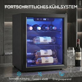 HOMCOM Chladnička na víno pro 16 lahví, kapacita 48 l, 4–16 °C, vestavná chladnička na nápoje a pivo, se skleněnými dveřmi, LED osvětlení