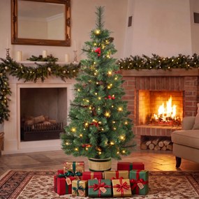 HOMCOM Umělý vánoční stromek, 120 cm Jedle s 100 LED osvětlením 131 špiček Bobule, 2 barvy světla, Dálkové ovládání