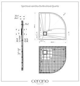 Cerano Quarto, čtvrtkruhová sprchová vanička 80x80x3 cm z minerálního kompozitu, bílá, CER-CER-414755