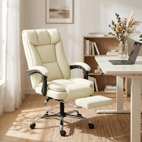 HOMCOM Ergonomická kancelářská židle s opěrkou nohou, potažená umělou kůží, na kolečkách, otočná, kov, béžová+černá