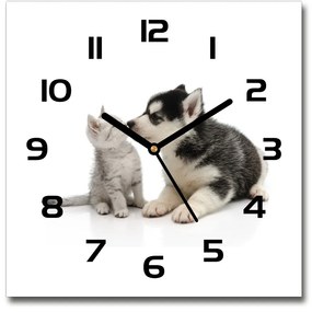 Wallmuralia Skleněné hodiny čtverec Pes a kočka 30x30 cm