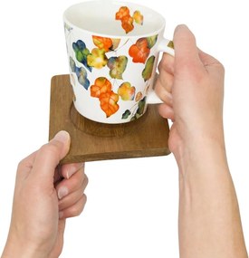 Porcelánový hrnek Bright Fall s akáciovým podšálkem, 350 ml – podzimní akvarelové listy, vnitřní dekor