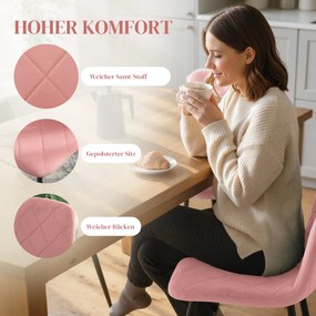 Sada 4 moderních jídelních židlí HOMCOM s opěradlem, sametový vzhled, čalouněné křeslo se ocelovými nohami, do jídelny, růžové