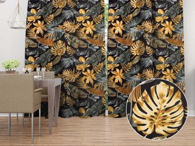 Biante Bavlněný závěs Sandra SA-389 Šedozelené a zlaté tropické listy na černém 150x220 cm