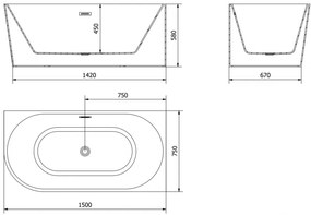 Mexen Mia, volně stojící rohová vana, pravá, 150 x 75 cm, bílá, zlatý lesklý přepad, 52691507500P-50
