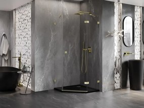 Mexen Lunar, pětiúhelníkový sprchový kout s pravým sklonem 90 x 90 cm, 8mm čiré sklo, zlatý matný profil, 831-090P-090L-55-00-P