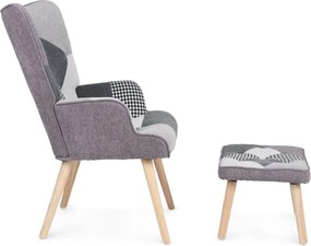 Relaxační křeslo ušák LISA + taburet — masiv, látka, černobílý patchwork