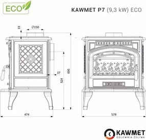 KAWMET Litinová krbová kamna P7 - 9,3kW ECO + příslušenství
