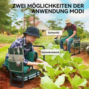 Outsunny skládací zahradní podložka a stolička s kolenní podložkou, kapsou na nářadí a nastavitelnými nohami — nosnost 150 kg, 60,5 × 29 × 50 cm, zel…