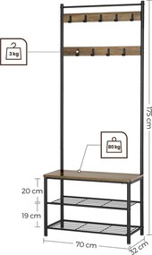 Kabátový stojan, botník, výška 175 cm, rustikální ořech a černá