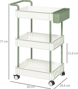 HOMCOM 3-policový servisní vozík s kolečky a rukojetí - Úložný vozík s závěsným košem na kuchyňský regál a kuchyňský vozík pro kuchyň, kancelář, koup…
