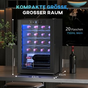 HOMCOM Chladnička na víno 20 lahví 53L 5-18 ℃ Kompresorová chladnička na nápoje se skleněnými dveřmi s ochranou proti UV záření, chladnička na lahve …