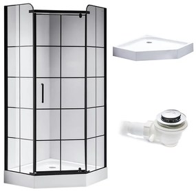 BPS-koupelny Pětiúhelníkový sprchový kout HYD-PK06B 90x90 cm černá/transparent + vanička HYD-PSV-SXL07B bílá