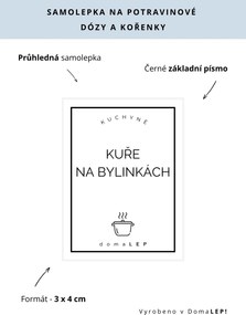 Samolepka na kořenky KUŘE NA BYLINKÁCH průhledná 3 × 4 cm základní písmo