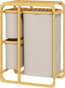 HOMCOM Úsporný Koš na Prádlo, Elegantní Koš s 3 Odnímatelnými Textilními Taškami a Policemi, Bambus, 50x32x69,7 cm, Bambus a Krémová Barva | Aosom