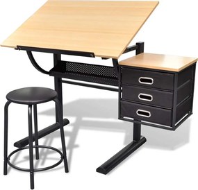 vidaXL Náklopný kreslicí stůl s židlí a třemi zásuvkami [20088]