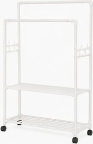 věšák, stojan na šaty, 2 tyče, 2 police, kolečka, kov/plast, 166x56x33 cm, bílá, Dekorino TK20260027