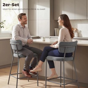 HOMCOM sada 2 barových stoliček — čalouněné, zakřivené opěradlo, opěrka na nohy, kovový rám, vzhled lnu, výška sedáku 63 cm, šedé