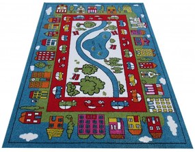 Dětský kusový koberec Mondo 10 Město Auta Domy Řeka modrý červený Rozměr: 120x170 cm