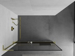 Mexen Kioto+ L, sprchová zástěna Walk-In s poličkou a věšákem 60 x 200 cm, 8mm čiré sklo černý vzor, ​​zlatý lesklý profil, 800-060-123-50-70