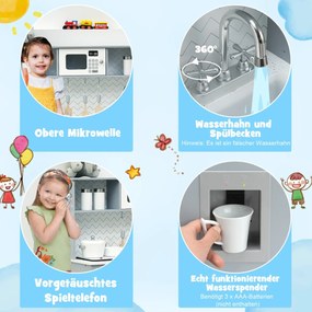 Costway Dětská kuchyňka s realistickým světlem a zvukem a doplňky, šedá
