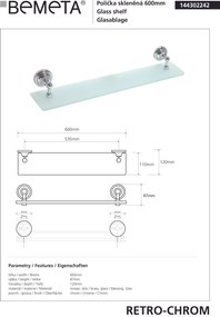 Bemeta Design RETRO chrom: Polička skleněná, 600 mm -