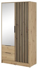 Skříň dvoudveřová s lamelami a zrcadlem Neria - Dub artisan / Černý