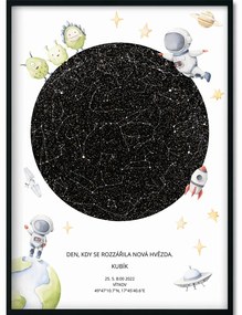 Jen tak z lásky Hvězdná mapa Vašeho životního okamžiku Rozměr plakátu: 50 x 70 cm, Barva pozadí: Kosmonaut, Volba rámu: Černý dřevěný rám