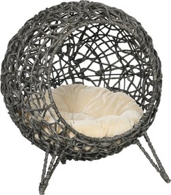 PawHut ratanový domeček pro kočky Elegantní kočičí jeskyně s polštářem, vyvýšené nohy, stříbrně šedá, Ø52x58cm| Aosom