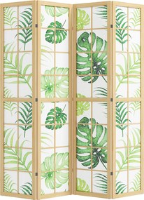 HOMCOM 4-panely skládací paraván, 160 × 170 cm — borovicový rám s potiskem palmových listů, volně stojící přepážka (přírodní/zelená) | Aosom