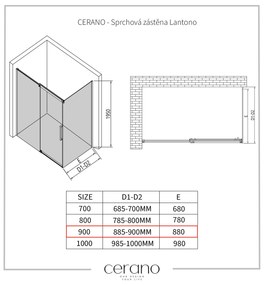 CERANO - Sprchová zástěna pro dveře Lantono L/P - 8 mm - černá matná, grafitové sklo - 90x195 cm - jednodílná pevná, CER-CER-8050BD7246