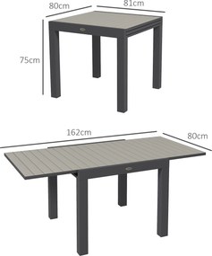 Outsunny zahradní stůl jídelní stůl pro 6 osob, rozkládací stůl na terasu do 70 kg, hliníková šedá 81/162 x 80 x 75 cm pro balkon a zahradu | Aosom.de