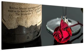 Červená růže na stole - obrazy do bytu (100x40cm)