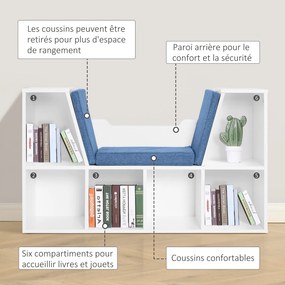 HOMCOM Knihovna s lavicí 2 v 1 Moderní design 6 oddílů 3 polštáře 102Š x 30H x 61V cm Bílá Modrá