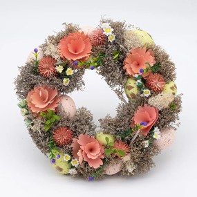 Velikonoční věnec na dveře 30 × 30 × 8 cm, růžové květy, plast, venkovní