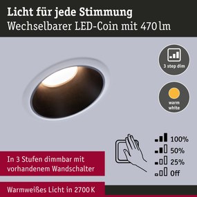 Paulmann 93401 LED Cole, bodovka v bílo-černé úpravě, 1x6,5W LED 2700K tříkrokové stmívání, prům. 8,8cm, IP44