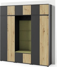 Eka Předsíňová stěna s čalouněnými panely Joey 4 - Černá a Dub Artisan / Khaki zelená 2327