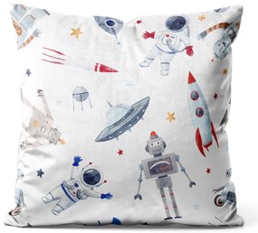 Dekorační velurový polštář Vesmírné hračky - rakety a astronauti mezi hvězdami na bílém pozadí